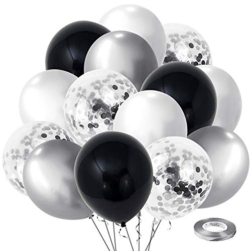 Bezente Black Silver Confetti Latex Balloons,60pcs 12 inch Black White Silver Metallic Chrome and Silver Confetti Balloons for Birthday, Baby Shower, Wedding, and Silver Theme Party Decoration