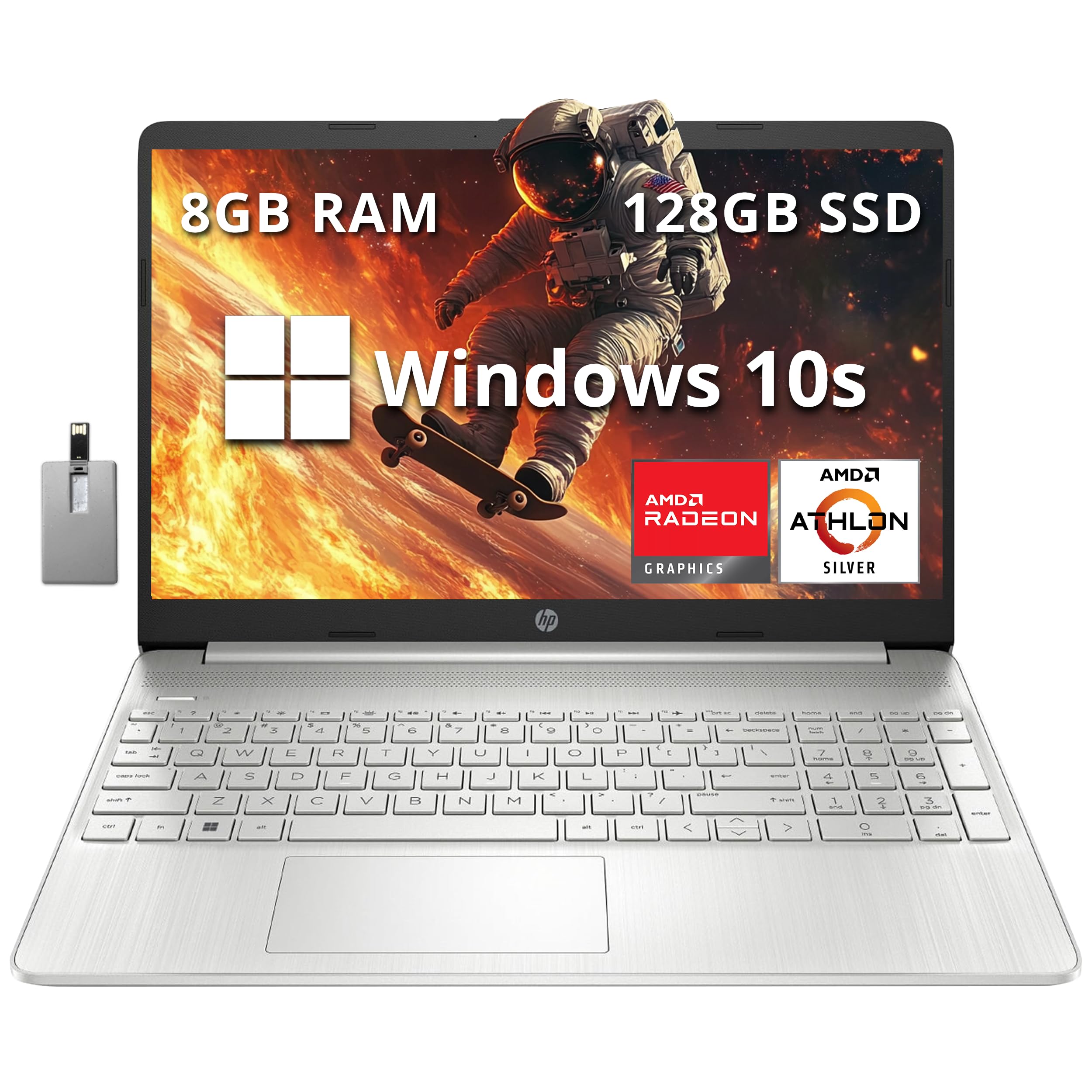 HP 15.6 FHD Laptop Computer, AMD Athlon Silver 3050U, 8GB DDR4 RAM, 128GB SSD, AMD Radeon Graphics, HD Webcam, HDMI, Office 365, Windows 10 S, Silver, 32GB Hotface USB Card