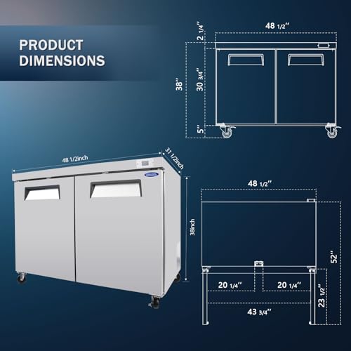 ORIKOOL 48" Commercial Under Counter Freezer 2 Doors 14 Cu.ft Undercounter Work Top Freezers ETL Approved