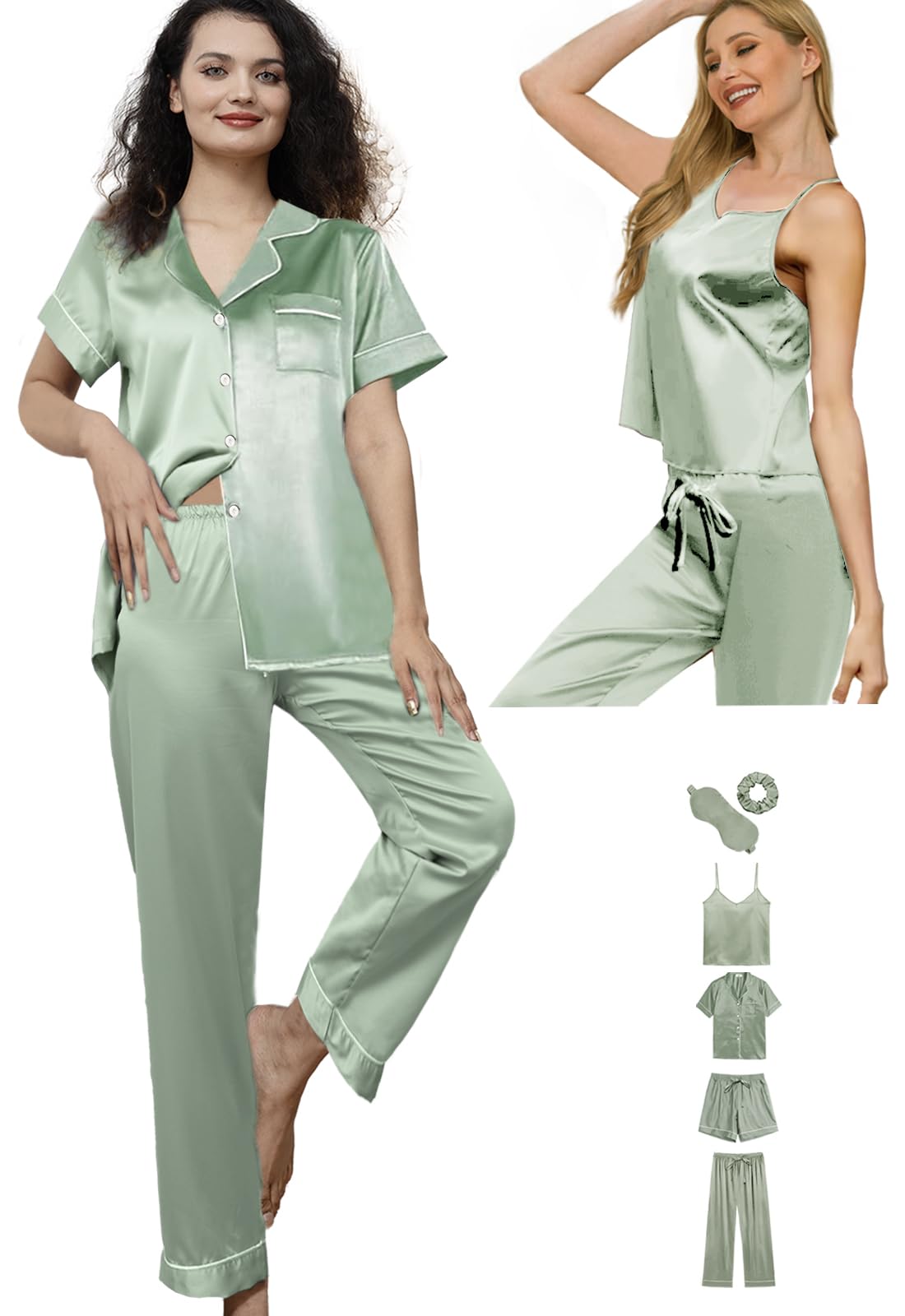 WJing Yi Jia 6Pcs Womens Silk Satin Pajama Sets Pj Sets Short Pjs Set Pajamas Sleepwear Camisole Sexy Cami Dusty Blue