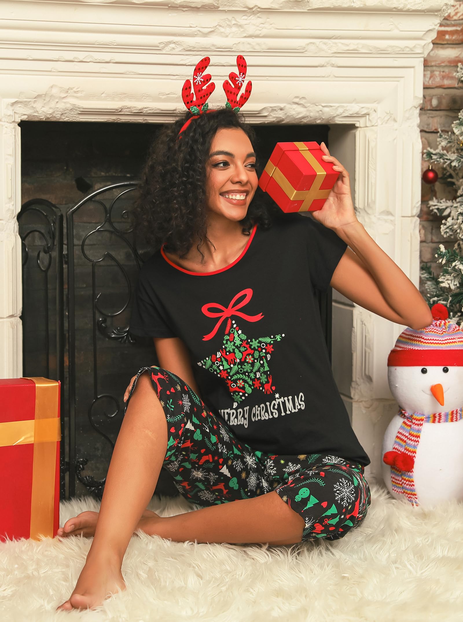 ENJOYNIGHT Womens Pajama Sets Cotton Pj Set Short Sleeve Top With Long Pants Sleepwear Christmas Pj Set(2X-Large,Xmas)