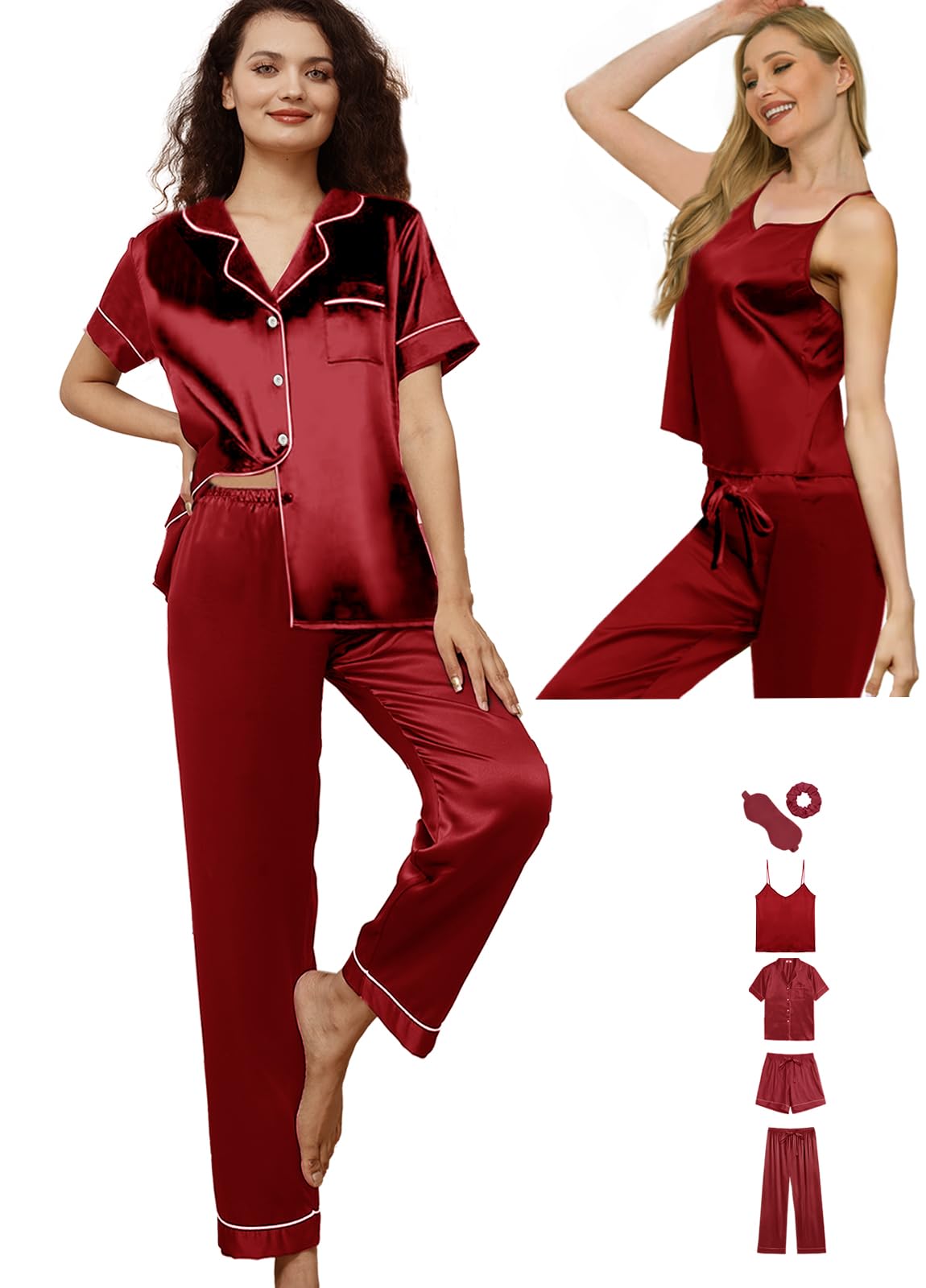 WJing Yi Jia 6Pcs Womens Silk Satin Pajama Sets Pj Sets Short Pjs Set Pajamas Sleepwear Camisole Sexy Cami Dusty Blue