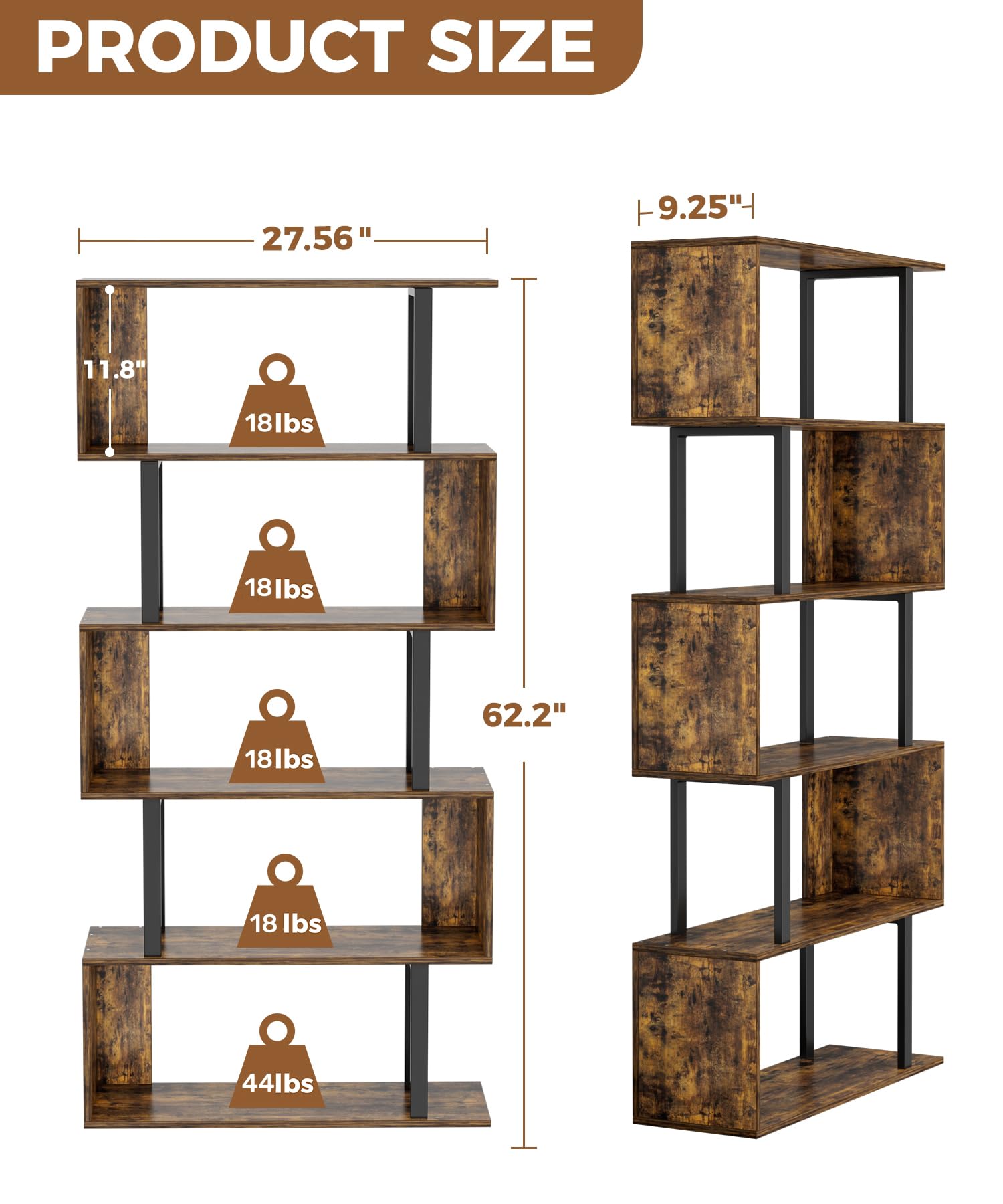 Gadroad 5-Tier Geometric Bookcase,S Shaped Bookshelf, Wood Decorative Storage Shelving, Modern Freestanding Display Shelves, Tall Book Shelf Unit for Living Room Bedroom, Rustic Brown
