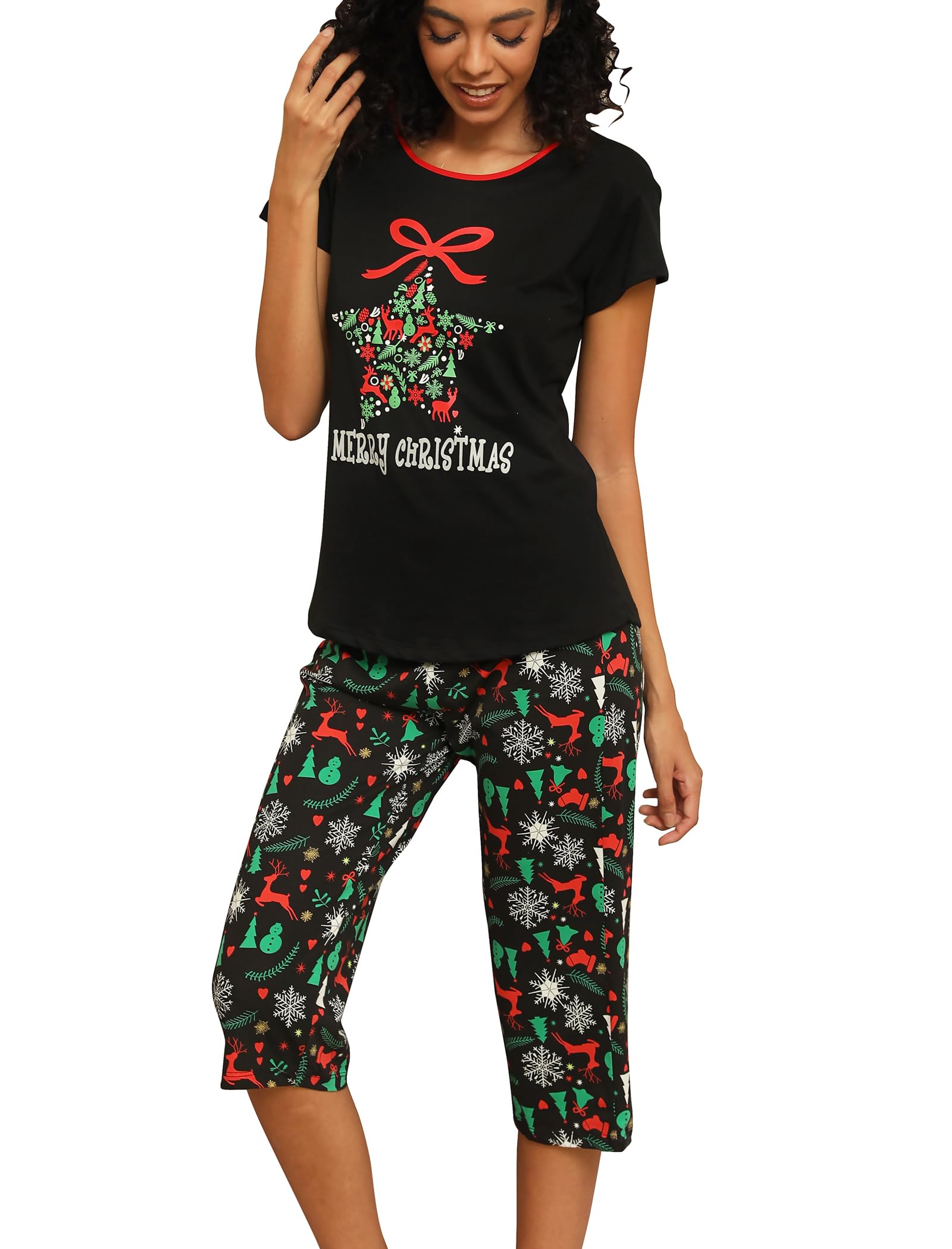 ENJOYNIGHT Womens Pajama Sets Cotton Pj Set Short Sleeve Top With Long Pants Sleepwear Christmas Pj Set(2X-Large,Xmas)