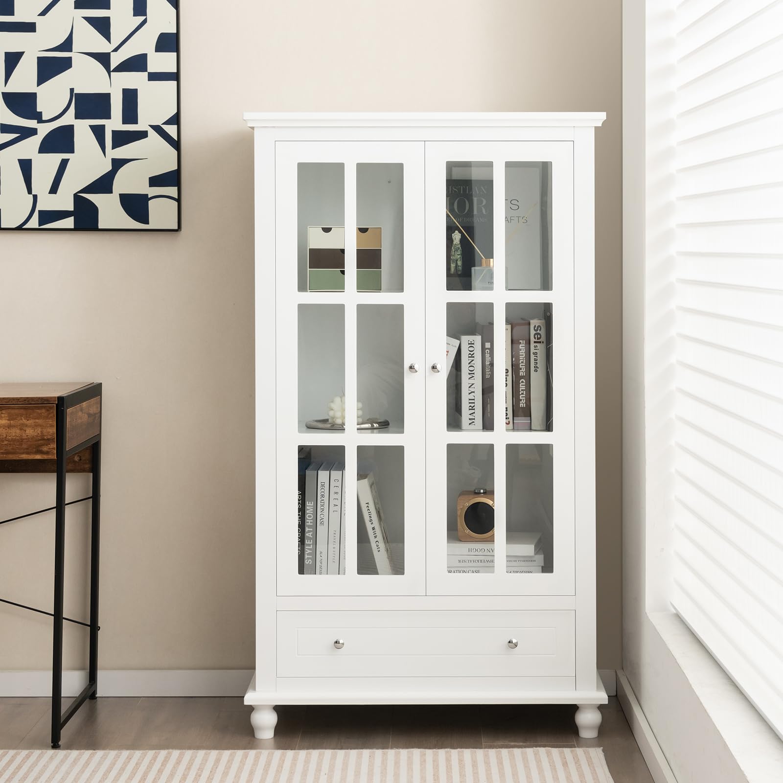 Giantex 55" White Bookcase with Doors and Drawer, Tall Wooden Bookshelf Organizer with Adjustable Shelves, Freestanding Glass Display Storage Cabinet for Living Room Bedroom Kitchen Pantry
