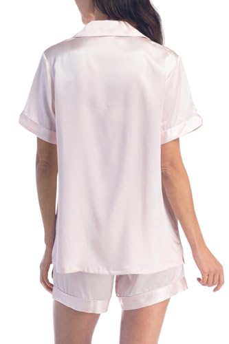 Fishers Finery Women's 100% Mulberry Silk Short Pajama Set; Collar (Pink, XL)