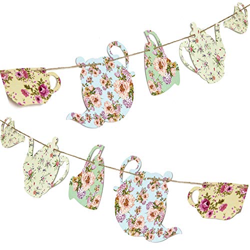 Tea Party Decoration Banner 2 Pack with 12 Pre-Strung Cups | Vintage Garden Teapot Decor, Tea Party Supplies For Girls, Princesses, Bridal Showers, Birthday | Alice in Wonderland Party Garland Decor
