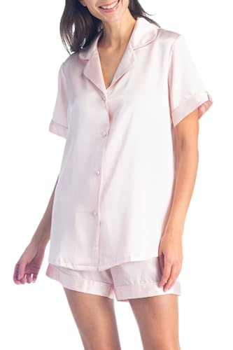Fishers Finery Women's 100% Mulberry Silk Short Pajama Set; Collar (Pink, XL)