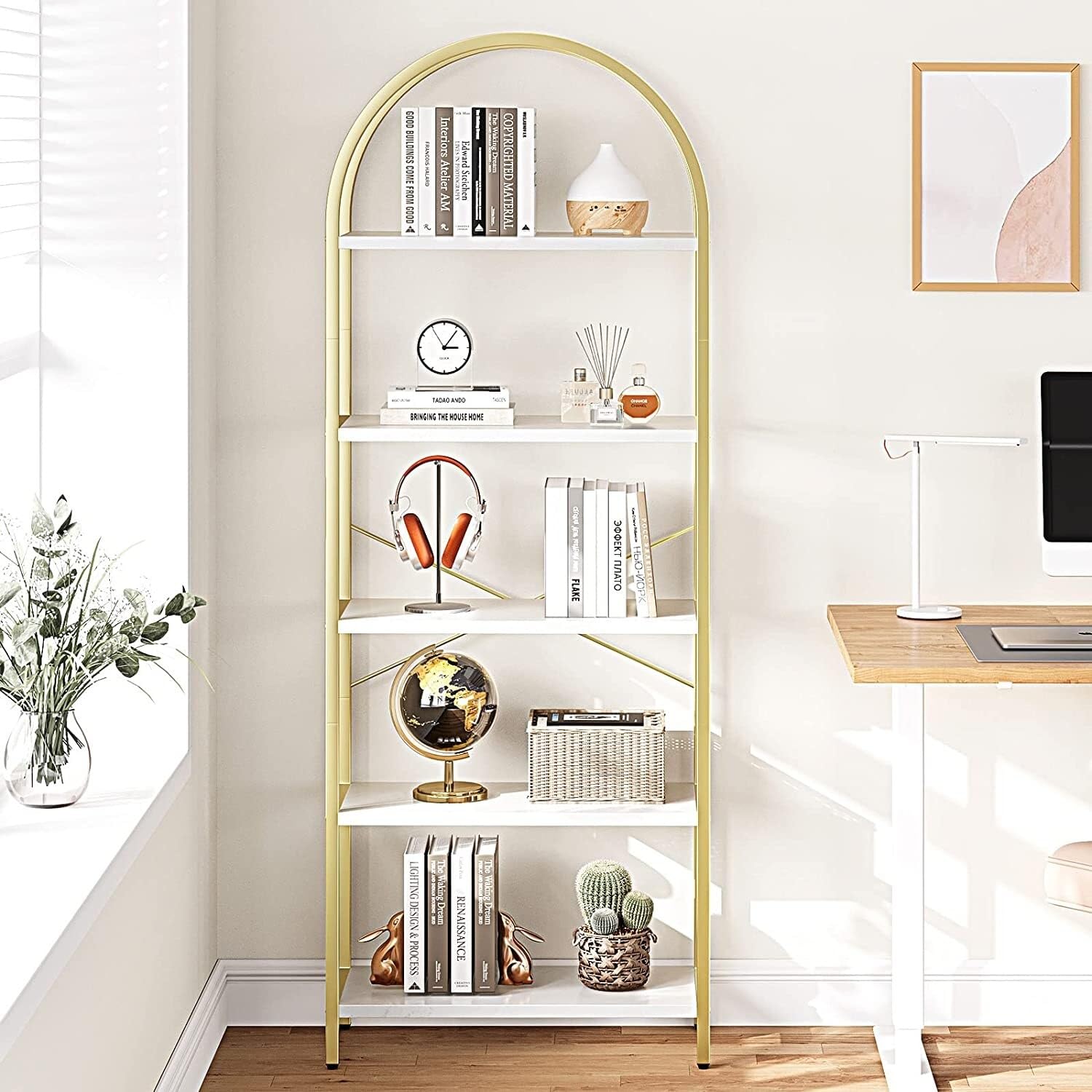 Bookshelf 5 Tier Bookcase Arched Display Racks Tall Standing Bookshelves Mental Frame Modern Storage Rack Gold Vintage Rectangular Wood Finish Solid