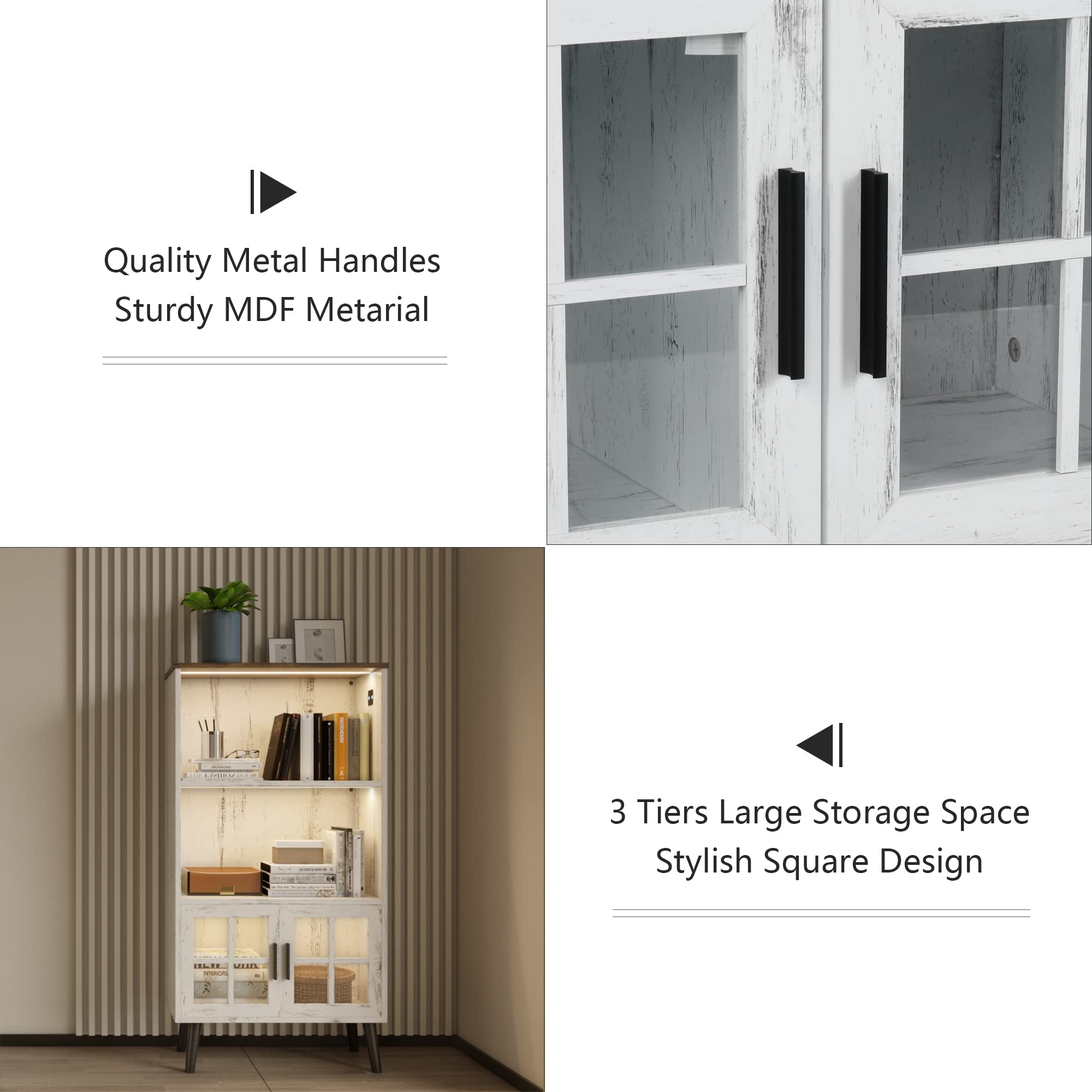 LVSOMT 3 Shelf Bookcase with LED Lights,Book Case with 2 Open Shelves, Storage Cabinet with Door, Human Body Induction Mode, Modern Wood Bookshelf for Bedroom/Living Room/Office, White