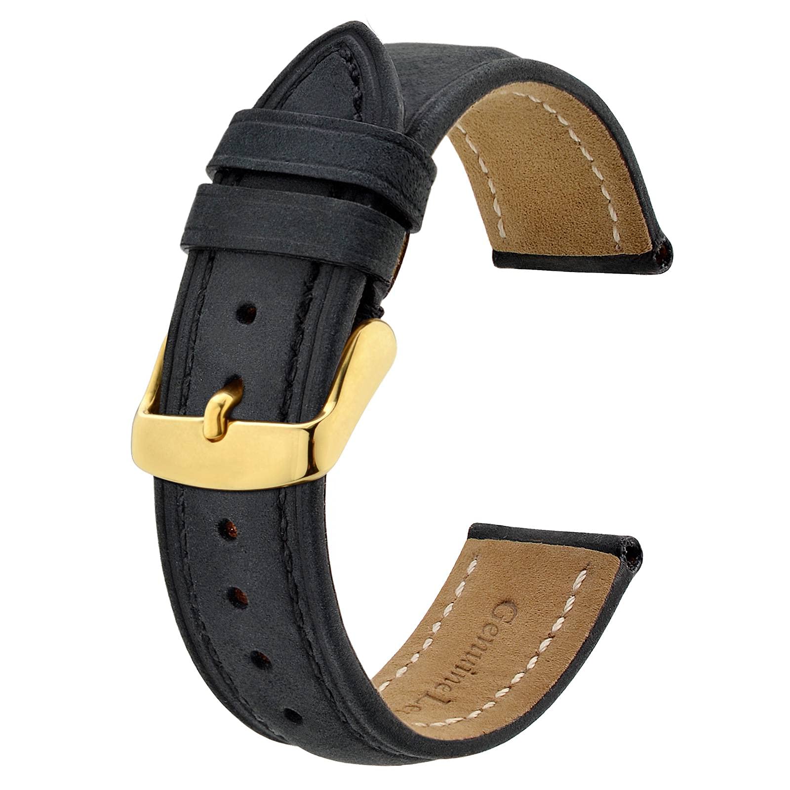 BISONSTRAP Vintage Watch Straps with Gold Buckle, Leather Replacement Band 18mm (Black)