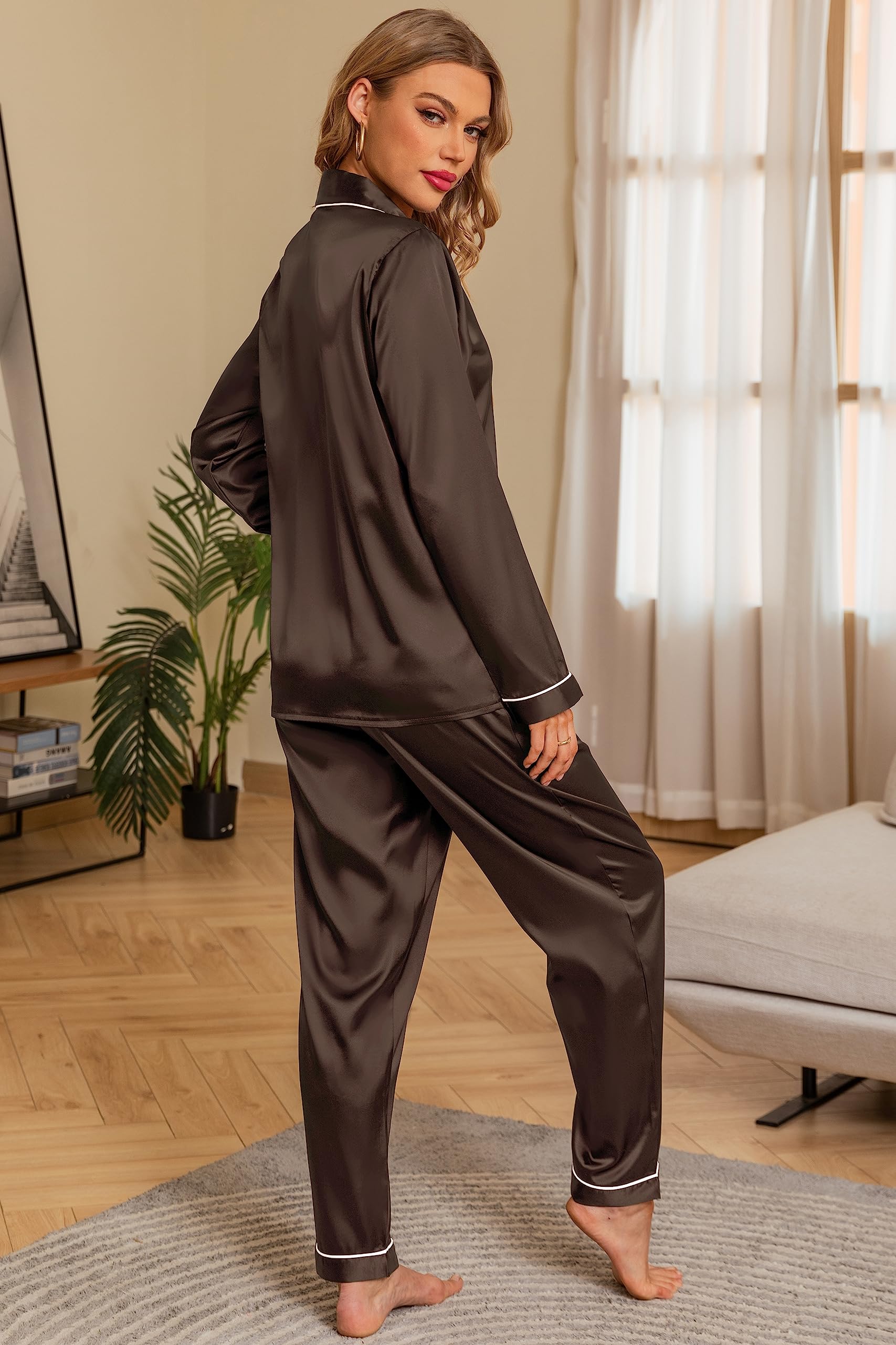 Anjue Silk Pajama Set for Women Pjs Women's Satin Pajamas Long Sleeve Sleep Top with Bottoms Lightweight Sleepwear Set,Brown