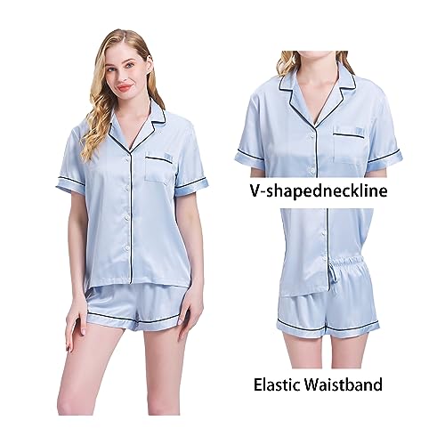 Pure as a lotus Women Sleepwear Sets Silk Pajamas Set Loungewear Button-Down Two-piece Pj Sets Shorts Nightwear Set Blue