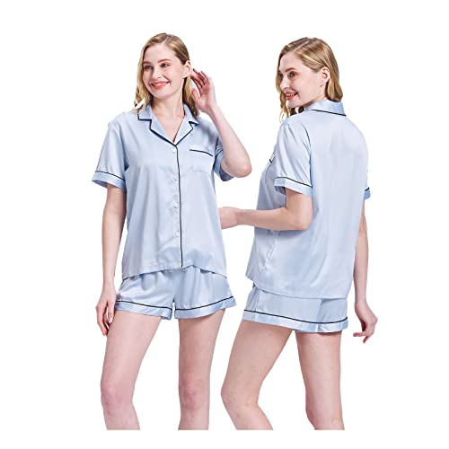 Pure as a lotus Women Sleepwear Sets Silk Pajamas Set Loungewear Button-Down Two-piece Pj Sets Shorts Nightwear Set Blue