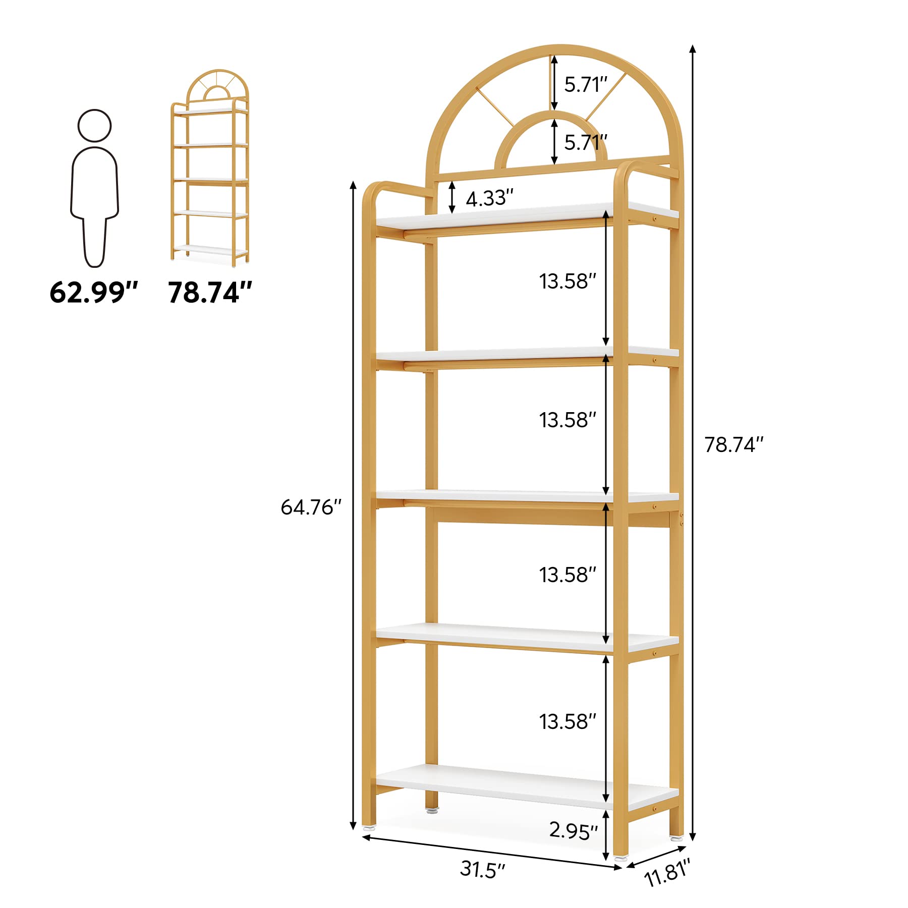LITTLE TREE 5 Tier Bookcases Arched Bookshelf, Freestanding Tall Display Shelves, Heavy Duty Metal Frame Decorative Shelf for Living Room Bedroom Study Room, White Gold