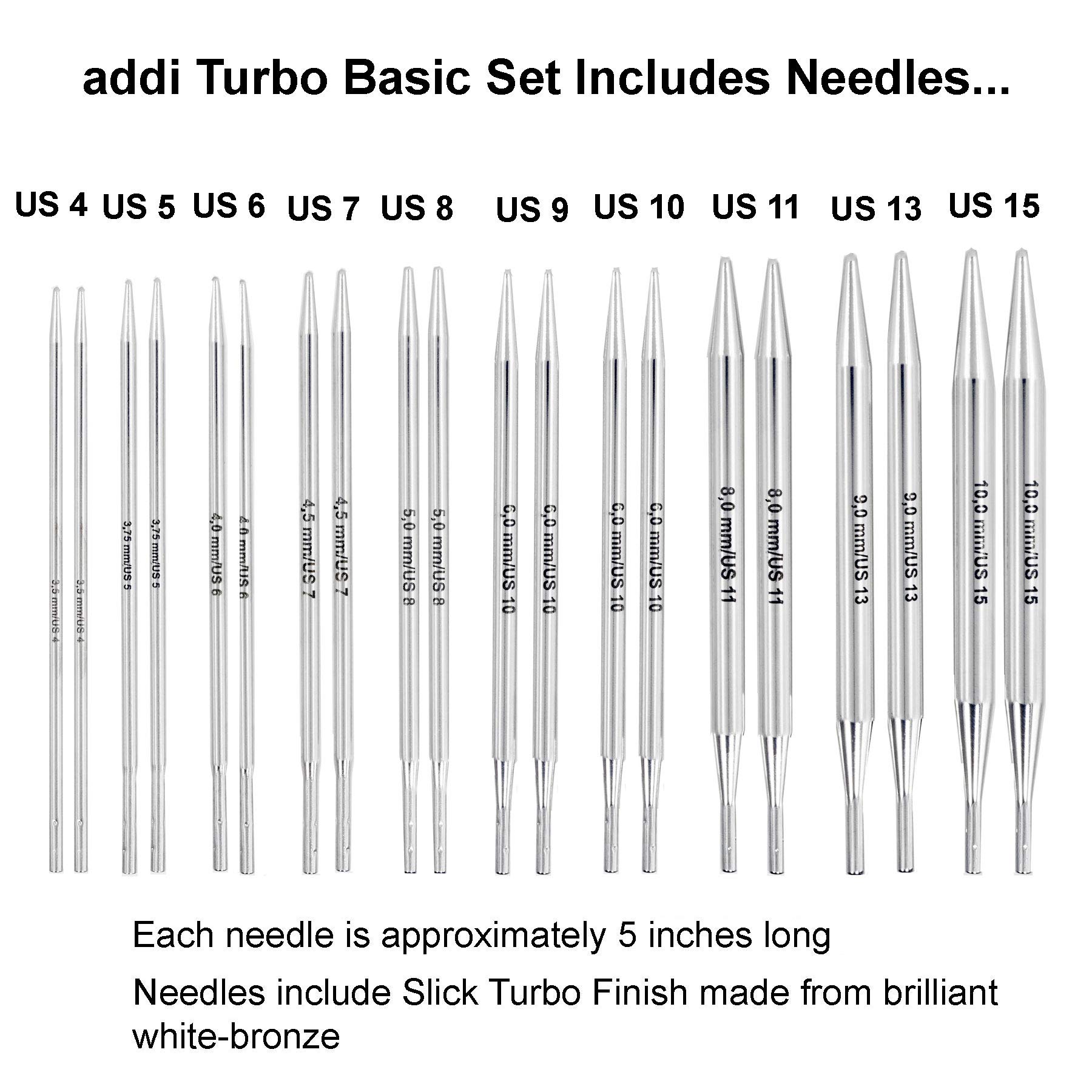 addi Click Turbo Basic 5-Inch Interchangeable Circular Knitting Needle Set Sizes US 4, 5, 6, 7, 8, 9, 10, 11, 13 and 15 with 3 Blue Cords, Black Canvas Case with Project Bag