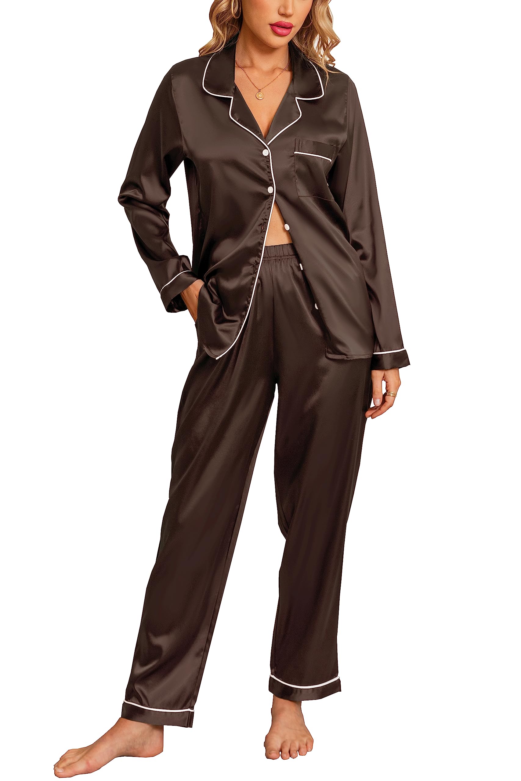 Anjue Silk Pajama Set for Women Pjs Women's Satin Pajamas Long Sleeve Sleep Top with Bottoms Lightweight Sleepwear Set,Brown