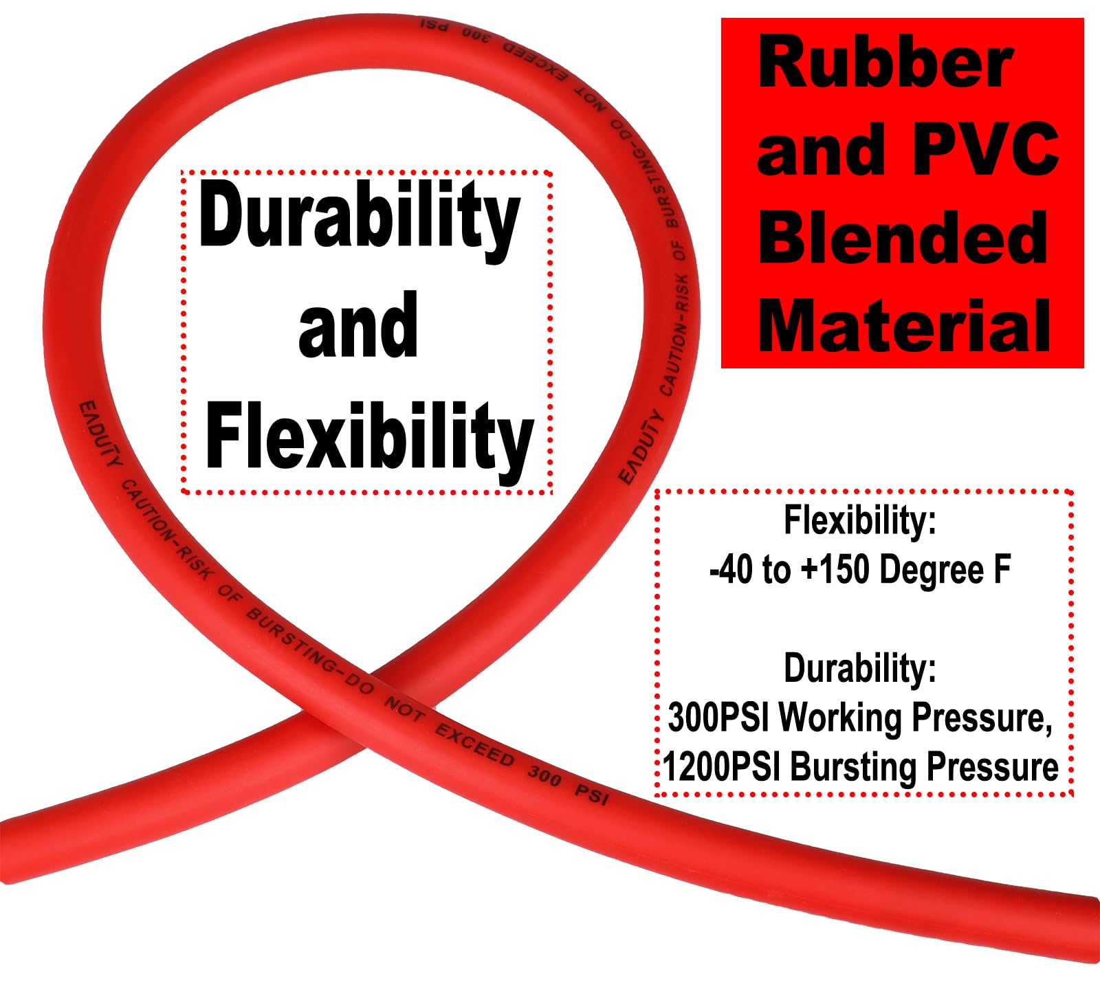 EADUTY Hybrid Air Hose 1/4 In. x 25 ft, Lightweight, Flexible, Durable Air Compressor Hose with Aluminum Universal Quick Coupler and Industrial Plug, Red
