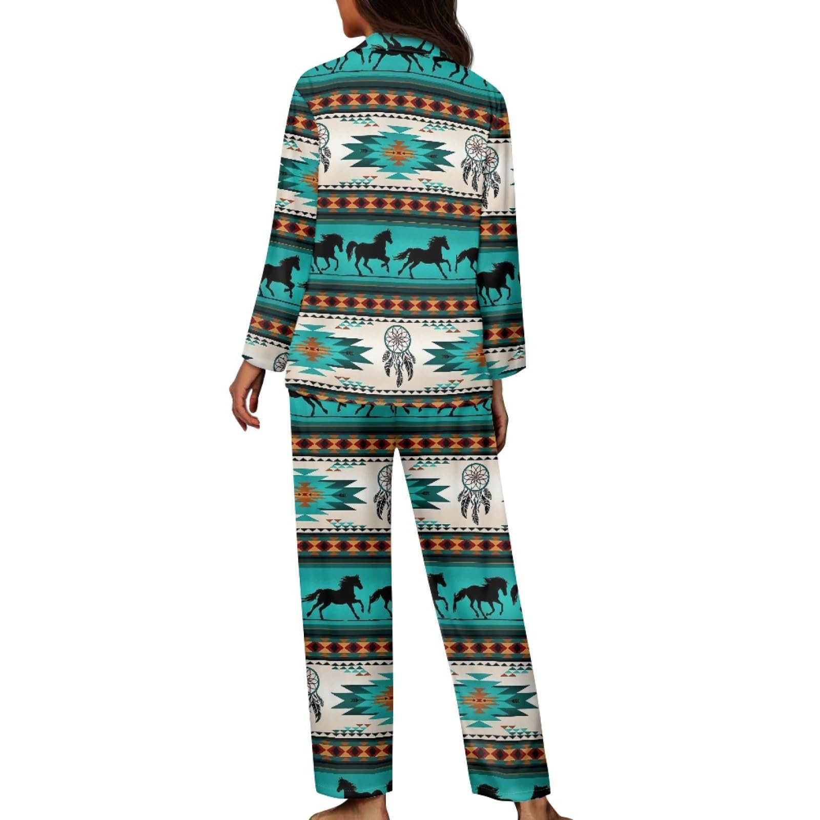 Boatee Women's 2 Piece Pajama Set Aztec Tribe Green Horse Button Down Shirt Pants Sleepwear Set, M
