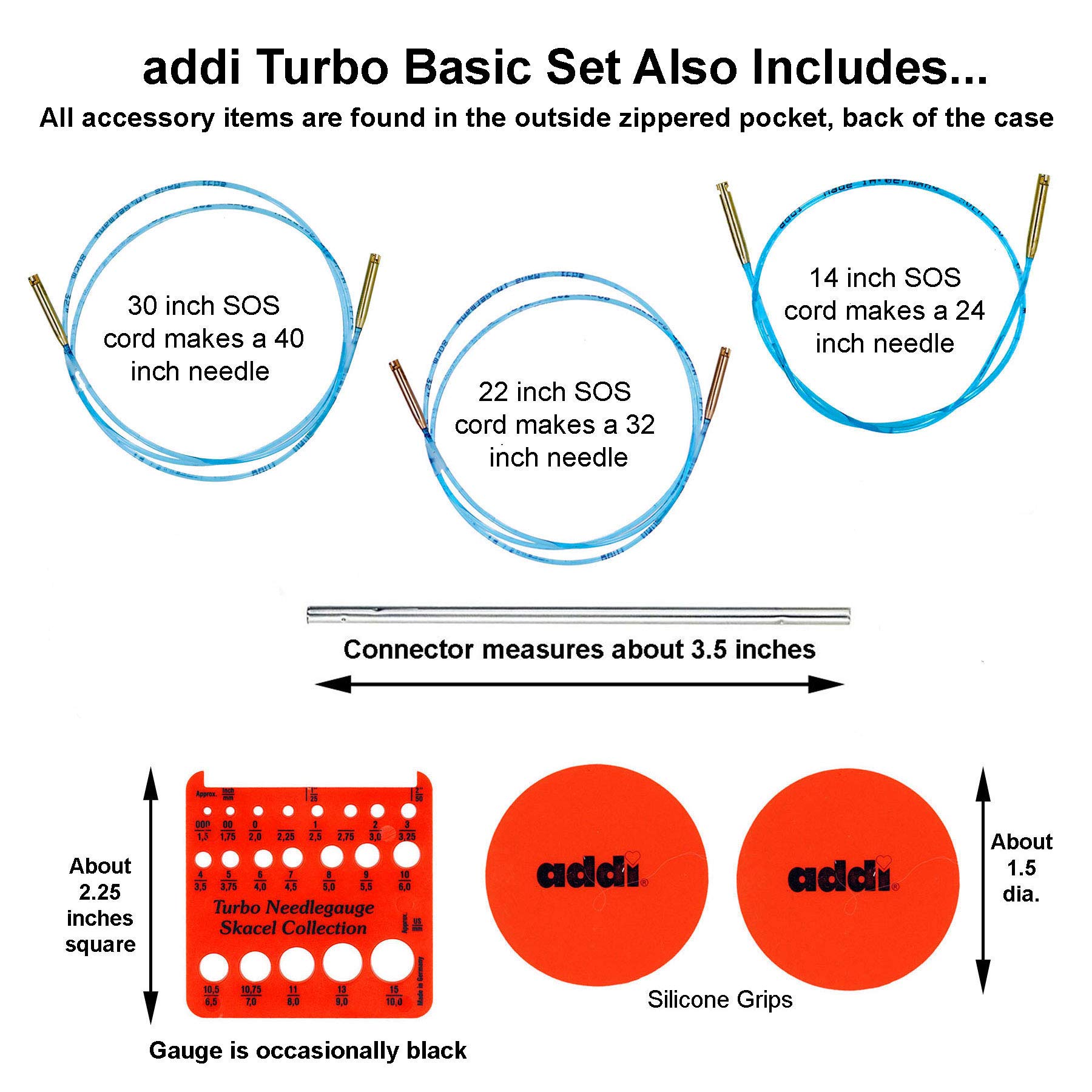 addi Click Turbo Basic 5-Inch Interchangeable Circular Knitting Needle Set Sizes US 4, 5, 6, 7, 8, 9, 10, 11, 13 and 15 with 3 Blue Cords, Black Canvas Case with Project Bag
