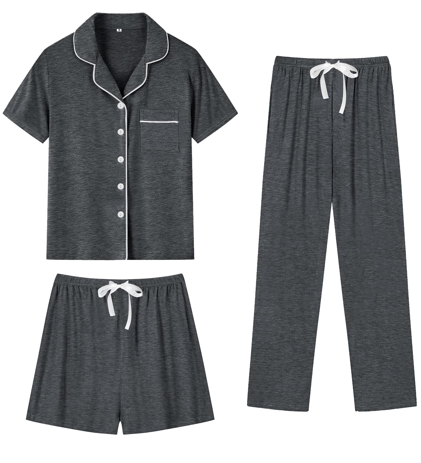 SWOMOG Womens 3pcs Button Down Pajamas Set Short Sleeve Sleepwear Bride Soft Pj Lounge Sets with Long Pants Deep Grey X-Large