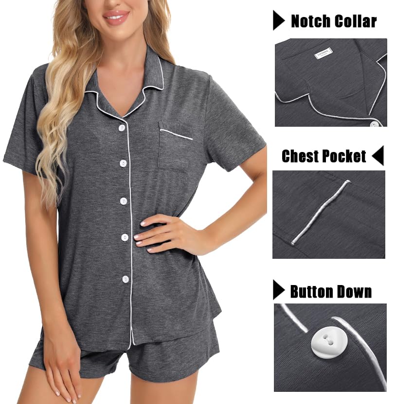 SWOMOG Womens 3pcs Button Down Pajamas Set Short Sleeve Sleepwear Bride Soft Pj Lounge Sets with Long Pants Deep Grey X-Large
