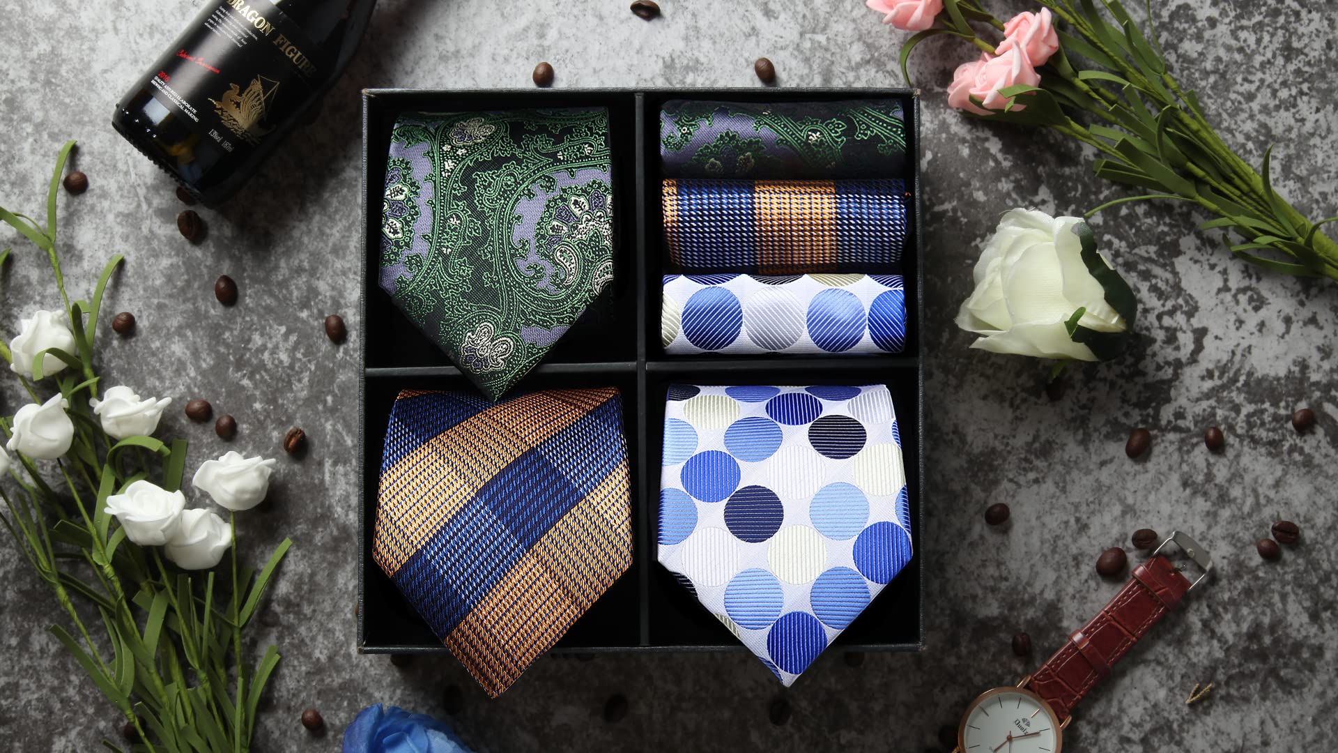 HISDERN Lot 3 PCS Classic Men's Tie Set Necktie & Pocket Square Elegant Neck Ties Collection,T3-s7,One Size