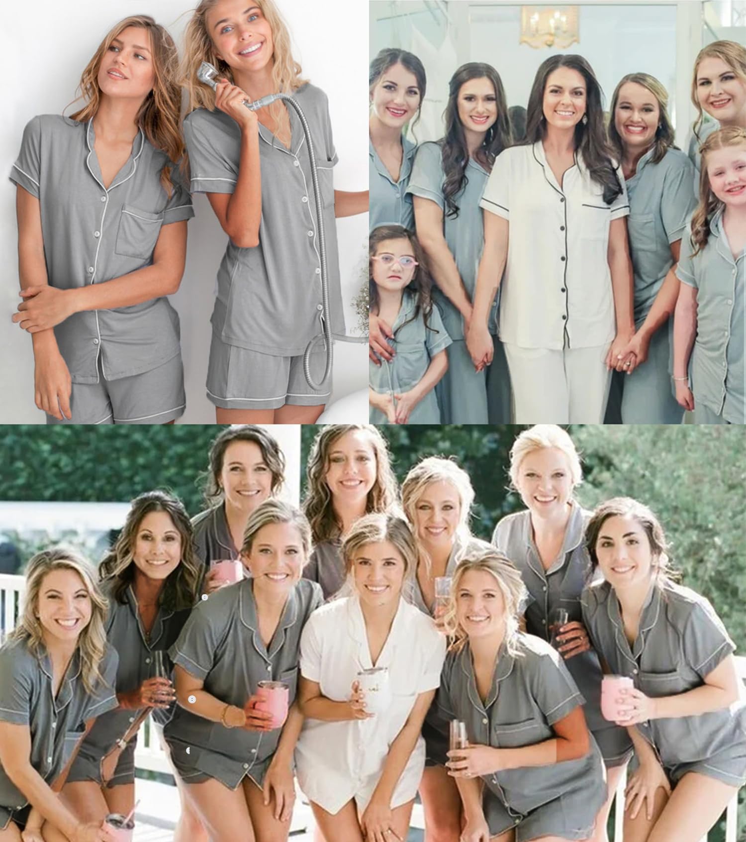SWOMOG Womens 3pcs Button Down Pajamas Set Short Sleeve Sleepwear Bride Soft Pj Lounge Sets with Long Pants Deep Grey X-Large