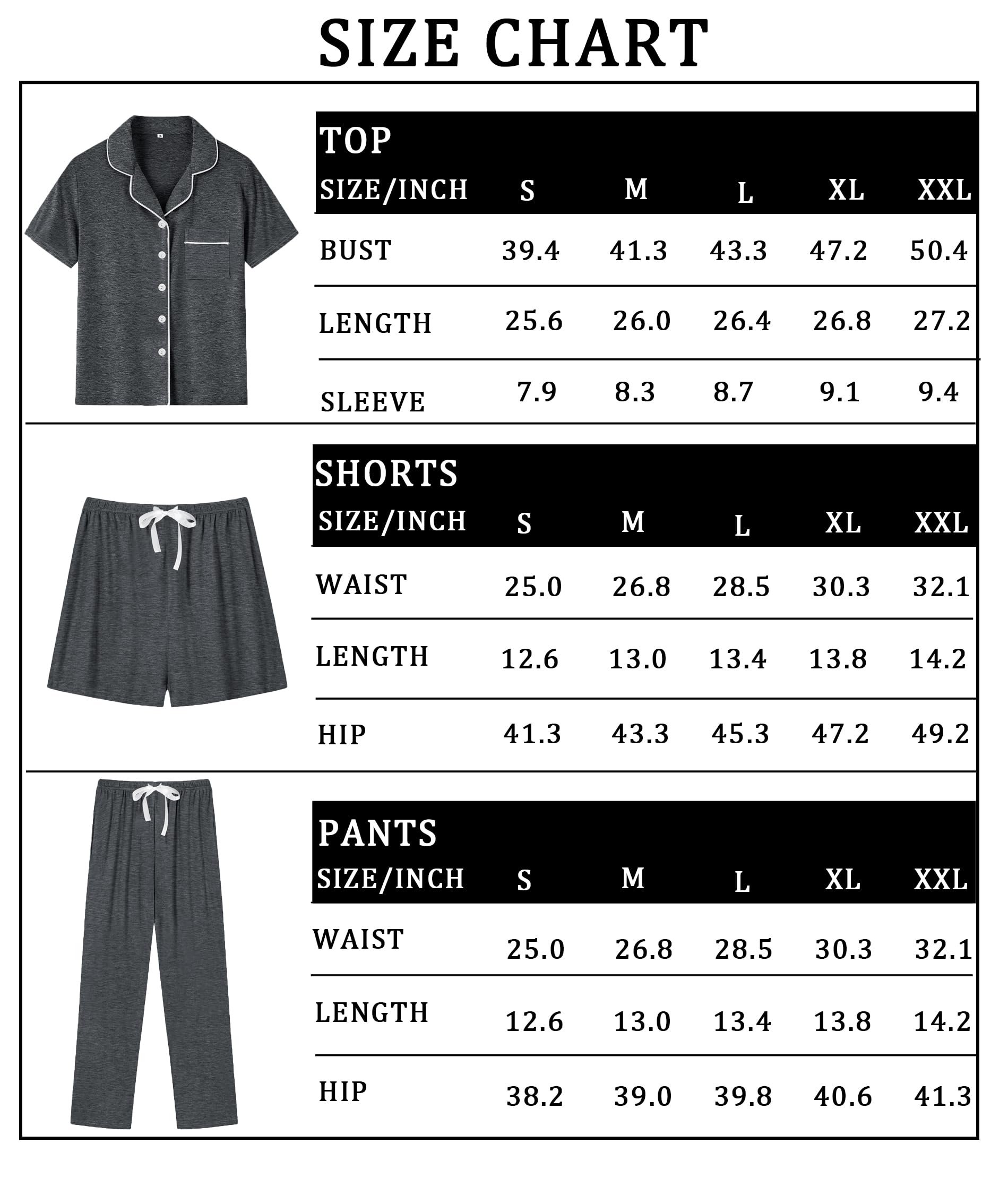 SWOMOG Womens 3pcs Button Down Pajamas Set Short Sleeve Sleepwear Bride Soft Pj Lounge Sets with Long Pants Deep Grey X-Large