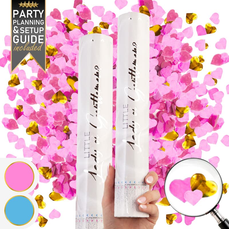 Gender Reveal Confetti Cannon Bulk - Set of 2 - Heart Shaped Blue Confetti Cannon | Gender Reveal Ideas, Boy Gender Reveal Poppers | Gender Reveal Cannon | Baby Gender Reveal Confetti Popper Pink for Girl Gender Reveal