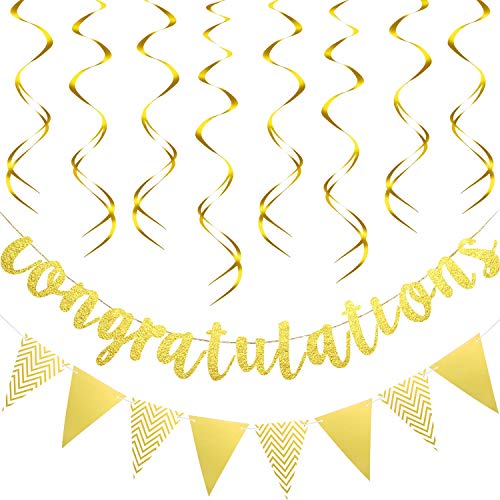 Gold Glitter Congratulations Banner Triangle Flag Banner with 12 Pieces Gold Hanging Swirls for Wedding Retirement Graduation Anniversary Party Decorations