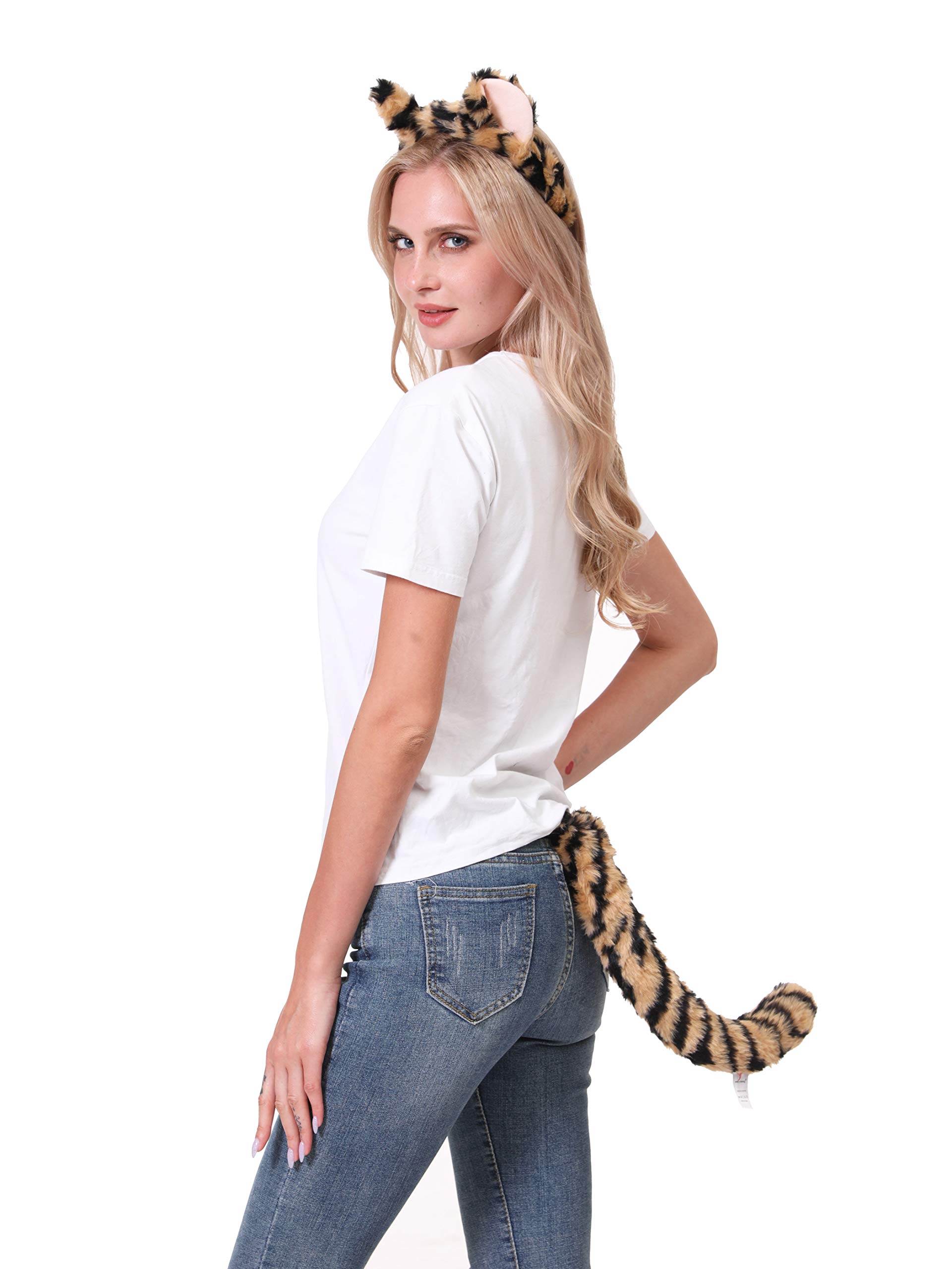 Soul Young Lion Wolf Faux Fur Ears and Tail Halloween Costume Party Cosplay Animal Accessory Set(One Size,Tiger)
