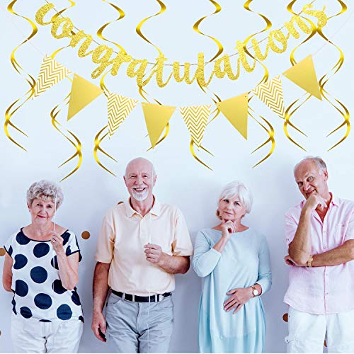 Gold Glitter Congratulations Banner Triangle Flag Banner with 12 Pieces Gold Hanging Swirls for Wedding Retirement Graduation Anniversary Party Decorations
