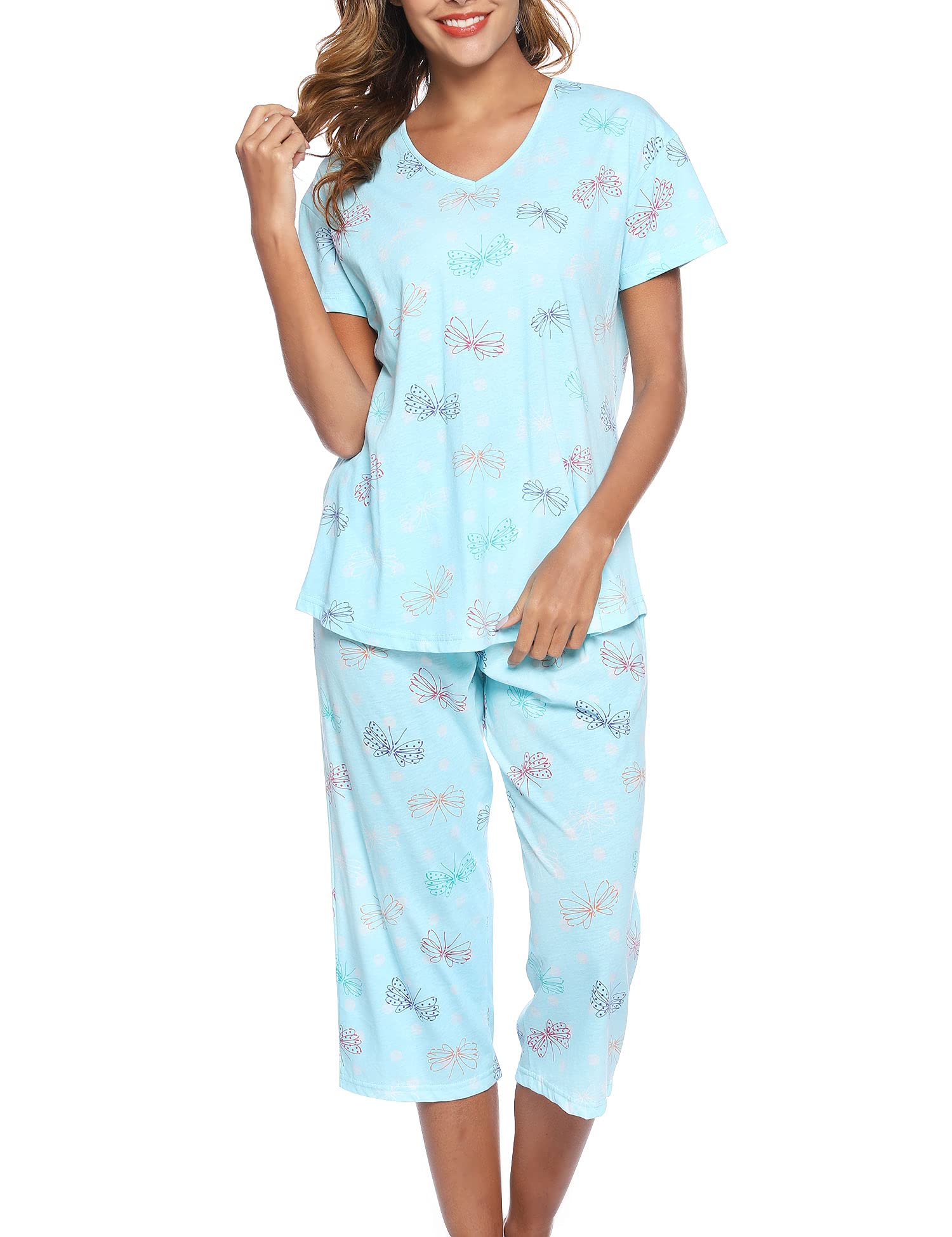 ENJOYNIGHT Womens Pajama Sets Cotton Pj Set Short Sleeve Top With Capri Pants Sleepwear 2 Piece Lounge Set(Large,Flyyying)