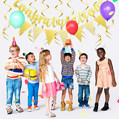Gold Glitter Congratulations Banner Triangle Flag Banner with 12 Pieces Gold Hanging Swirls for Wedding Retirement Graduation Anniversary Party Decorations