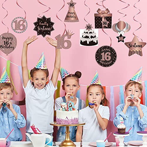 Happy 16th Birthday Hanging Swirls Streams Ceiling Decorations, Celebration 16 Foil Hanging Swirls with Cutouts for 16 Years Old Rose Gold Birthday Party Decorations Supplies