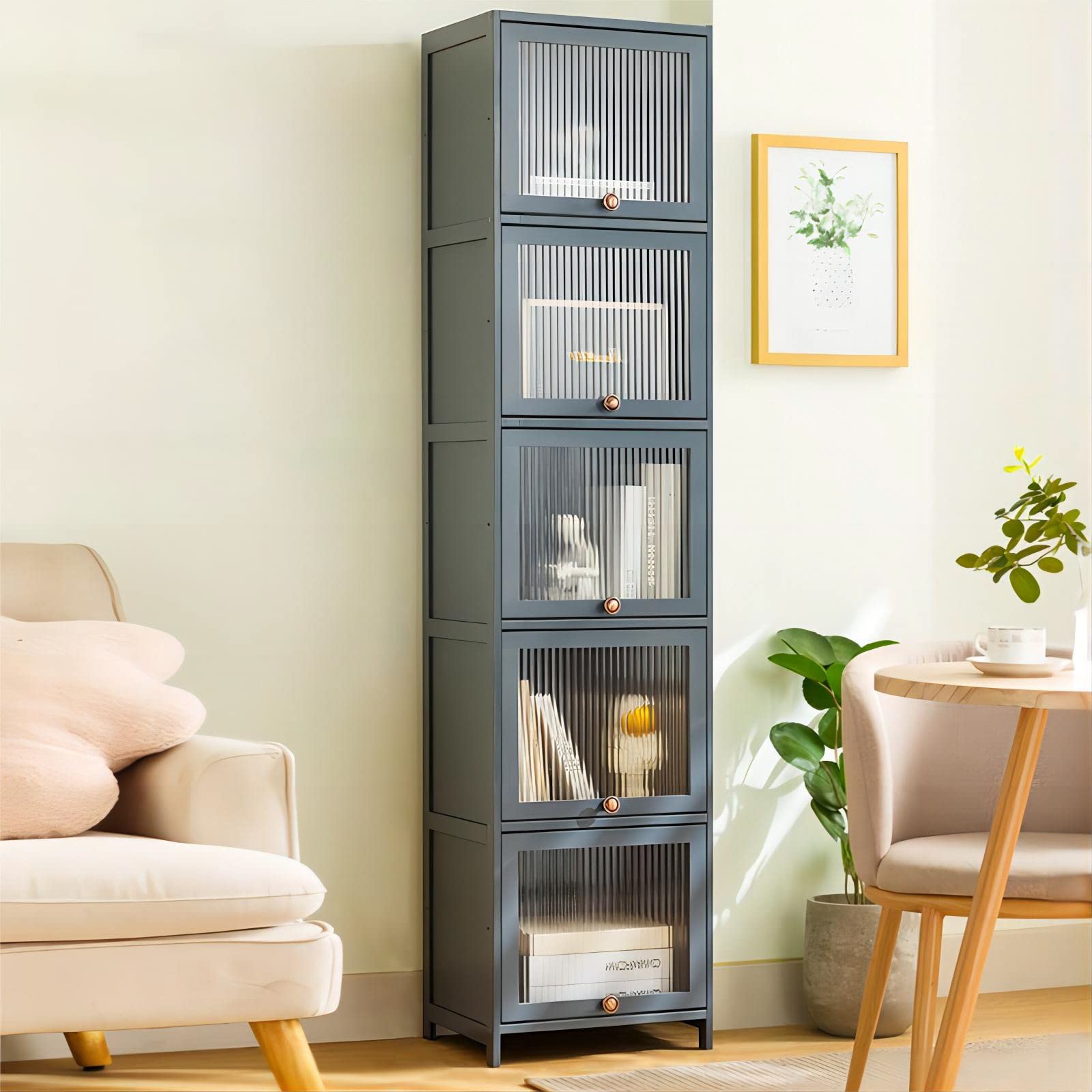 IOTXY Small Narrow Shelf Bookcase - 5-Tier Bamboo Corner Bookshelf with Moru Acrylic Doors, Freestanding Tall Skinny Storage Organizer Rack, for Living Room, Kitchen, Bedroom, Gray, 15.7" W