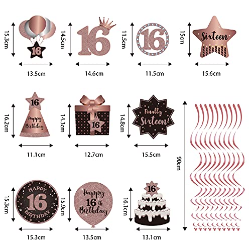 Happy 16th Birthday Hanging Swirls Streams Ceiling Decorations, Celebration 16 Foil Hanging Swirls with Cutouts for 16 Years Old Rose Gold Birthday Party Decorations Supplies