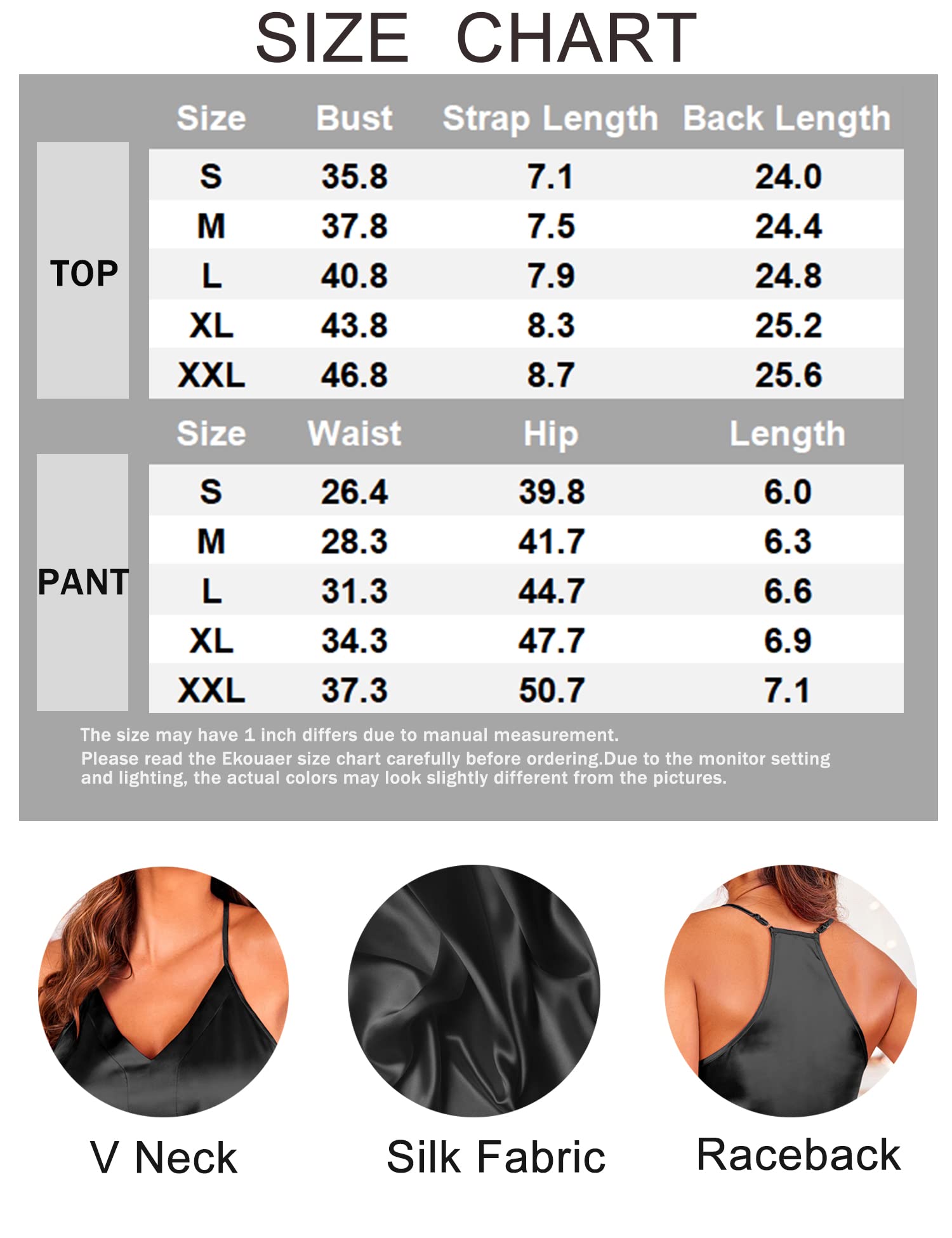 Ekouaer Pajamas for Women Satin Lingerie Soft Sleepwear Silk Cami Shorts Sets Nightwear