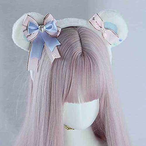 Faylay Women Furry Bear Ear Animal Ears Lovely Headband Bowknot Decor (BL)