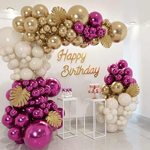 Metallic Magenta/Purple Red and Gold Balloons Garland Arch Kit, Metallic Magenta/Purple Red Sand White and Gold Balloon Garland Kit for Bachelorette Party Birthday Wedding Baby Shower Decorations