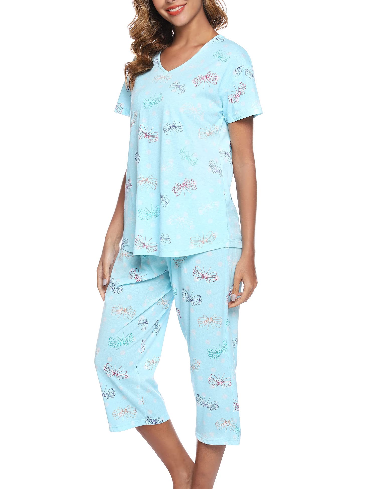 ENJOYNIGHT Womens Pajama Sets Cotton Pj Set Short Sleeve Top With Capri Pants Sleepwear 2 Piece Lounge Set(Large,Flyyying)