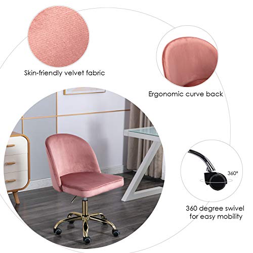 Wahson Comfy Home Office Chair, Upholstered Task Chair Swivel Armless Chairs,Metal Legs,Pink