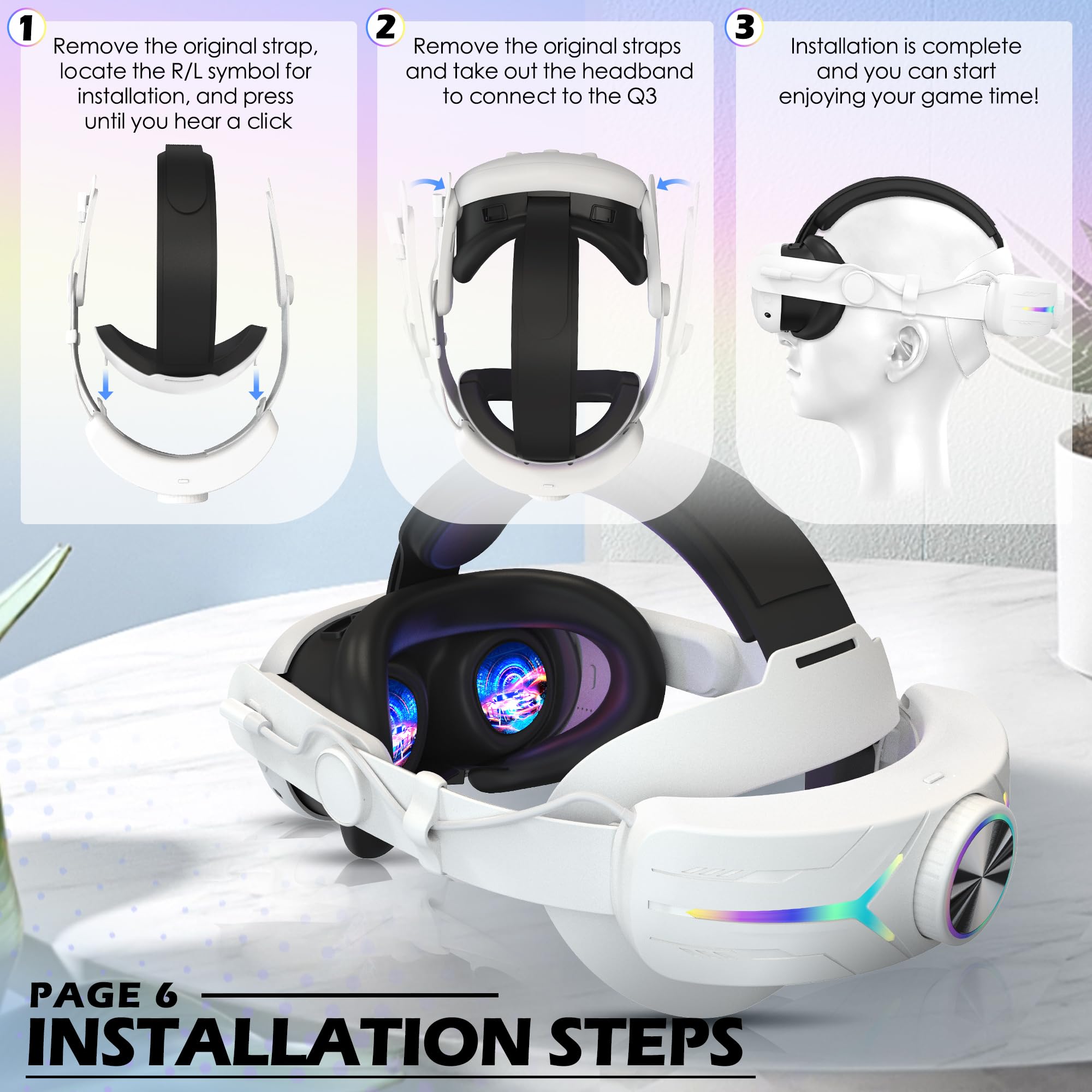 Orzero Head Strap accessories compatible for Quest 3S/Quest 3 with Extended 8000mah Battery Pack, Fast charging 9V 2A Extended Gaming Time with RGB Light - White