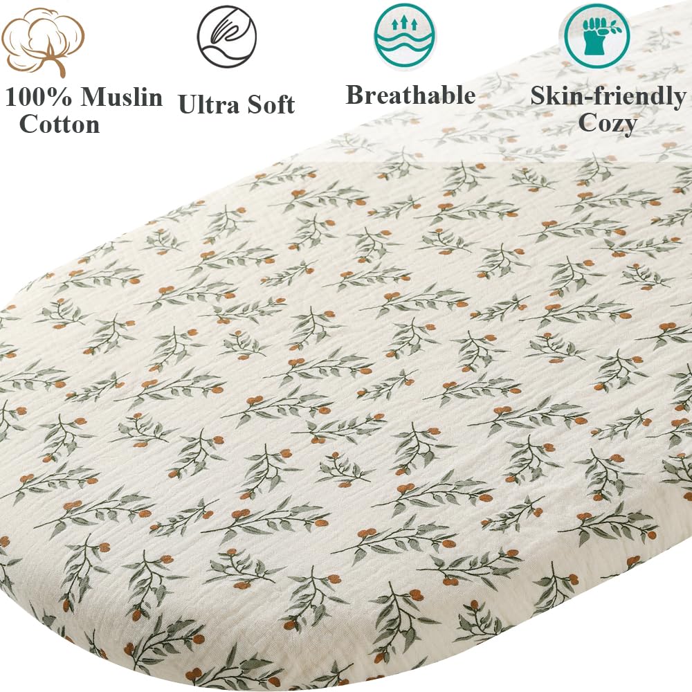 Muslin Bassinet Sheet Compatible with Graco Pack n-Play Dome LX Bassinet(not playard), 2 Pack Cotton Stylish Boho Fitted Bassinet Sheets Super Soft for Baby Roman Green & Botanical Leaf