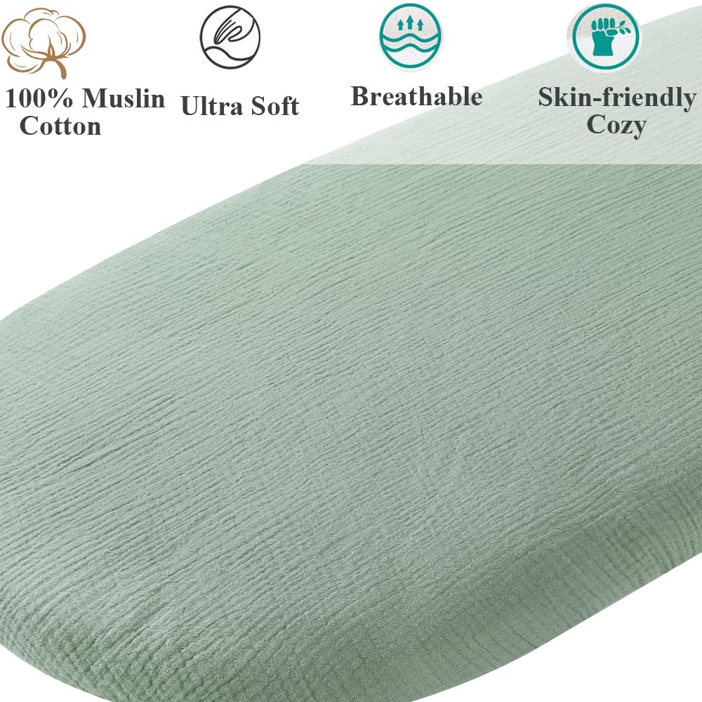 Muslin Bassinet Sheet Compatible with Graco Pack n-Play Dome LX Bassinet(not playard), 2 Pack Cotton Stylish Boho Fitted Bassinet Sheets Super Soft for Baby Roman Green & Botanical Leaf