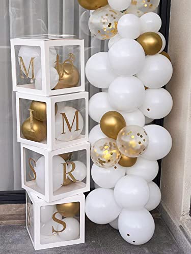 Fonder Mols 4PCS White Transparent Balloon Boxes with Gold Glittered MISS TO MRS Letters for Wedding Party Bridal Shower Engagement Decorations (No Balloons)