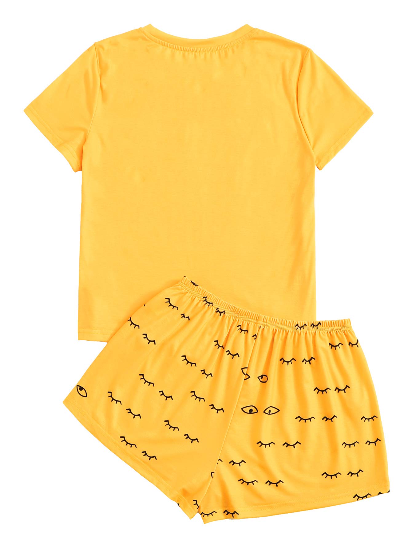 WDIRARA Women's Cute Cartoon Print Closed Eyes Print Tee and Shorts Pajama Set Yellow S