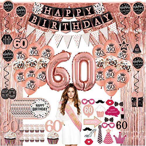 60th birthday decorations for women - (76pack) rose gold party Banner, Pennant, Hanging Swirl, birthday Balloons, Foil Backdrops, cupcake Topper, plates, Photo Props, Birthday Sash for gifts women