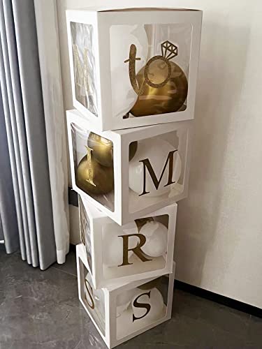 Fonder Mols 4PCS White Transparent Balloon Boxes with Gold Glittered MISS TO MRS Letters for Wedding Party Bridal Shower Engagement Decorations (No Balloons)